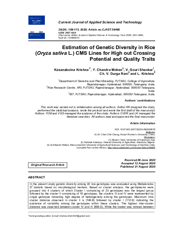 (PDF) Estimation of Genetic Diversity in Rice (Oryza sativa L.) CMS Lines for High out Crossing ...