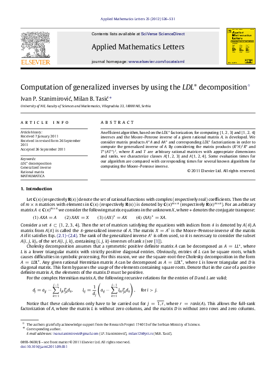 (PDF) Computation of generalized inverses by using the decomposition