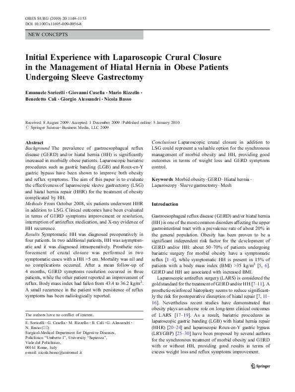(PDF) Initial Experience with Laparoscopic Crural Closure in the ...