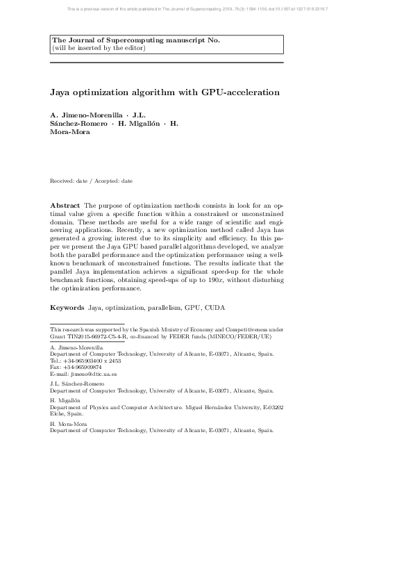 (PDF) Jaya optimization algorithm with GPU acceleration