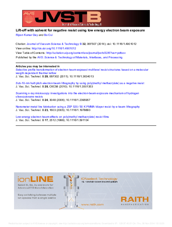 (PDF) Lift-off with solvent for negative resist using low energy ...