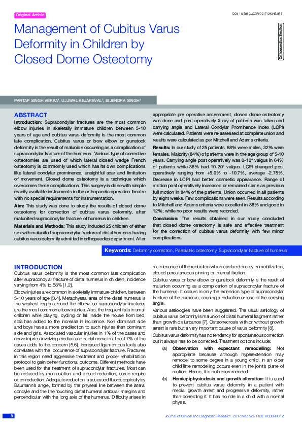 (PDF) Closed Dome Osteotomy for Cubitus Varus in Kids