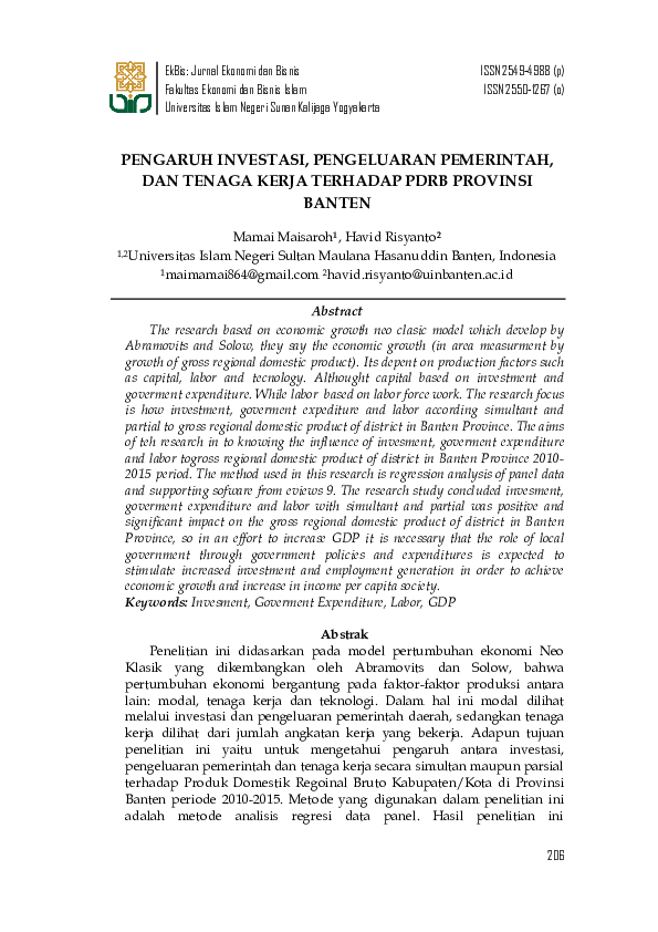 (PDF) Pengaruh Investasi, Pengeluaran Pemerintah Dan Tenaga Kerja Terhadap PDRB Provinsi Banten
