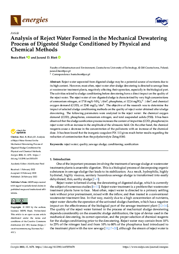 (PDF) Analysis of Reject Water Formed in the Mechanical Dewatering Process of Digested Sludge ...