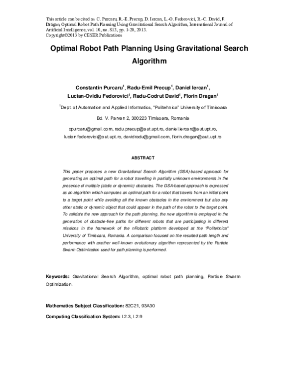 Pdf Optimal Robot Path Planning Using Gravitational Search Algorithm Radu Emil Precup 8814