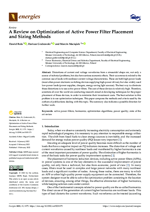 Pdf A Review On Optimization Of Active Power Filter Placement And Sizing Methods