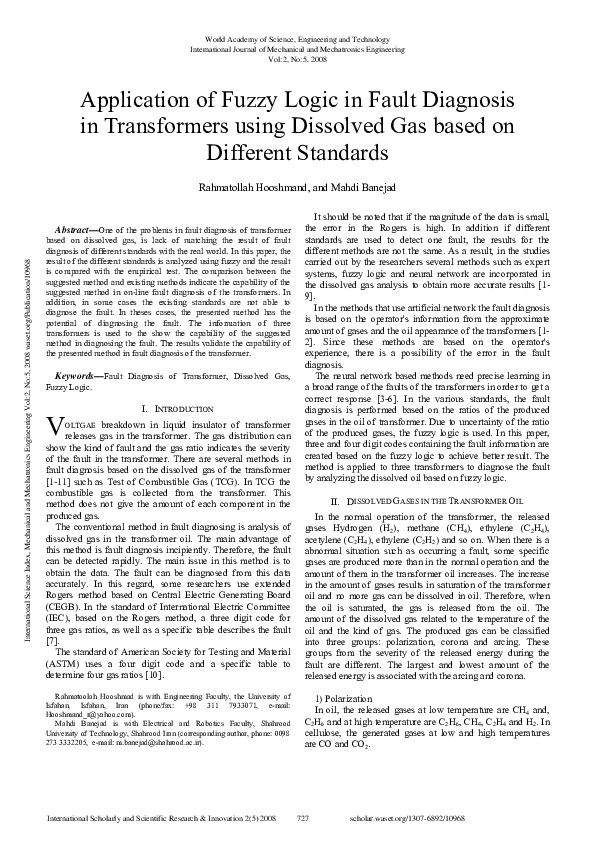 Pdf Application Of Fuzzy Logic In Fault Diagnosis In Transformers Using Dissolved Gas Based On