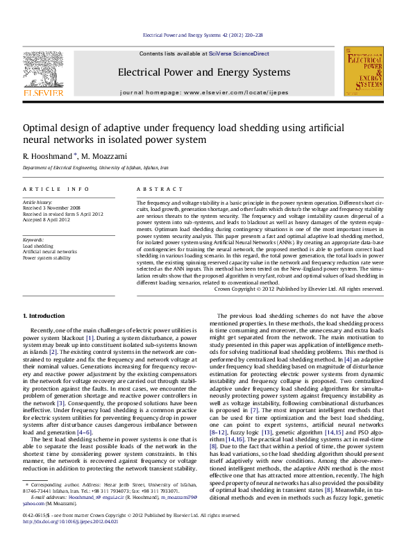 (PDF) Optimal design of adaptive under frequency load shedding using artificial neural networks ...