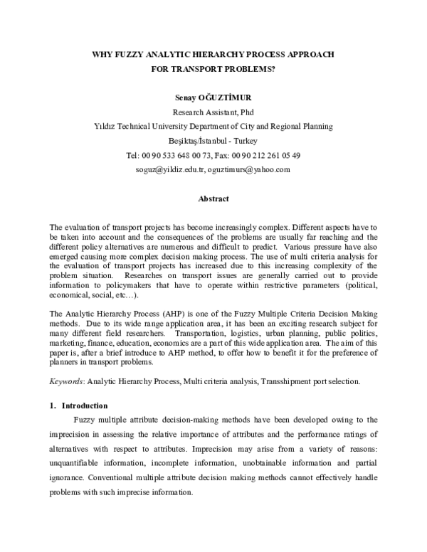 Pdf Why Fuzzy Analytic Hierarchy Process Approach For Transport Problems