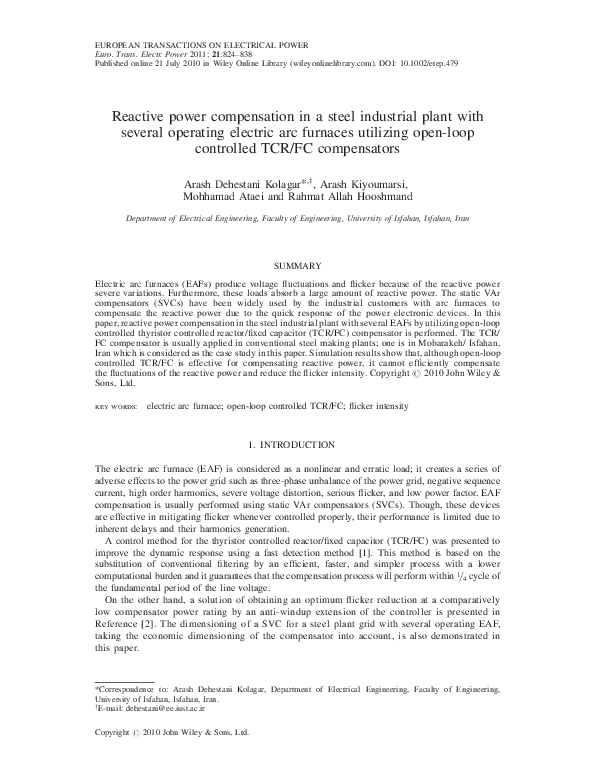 (PDF) Reactive power compensation in a steel industrial plant with ...