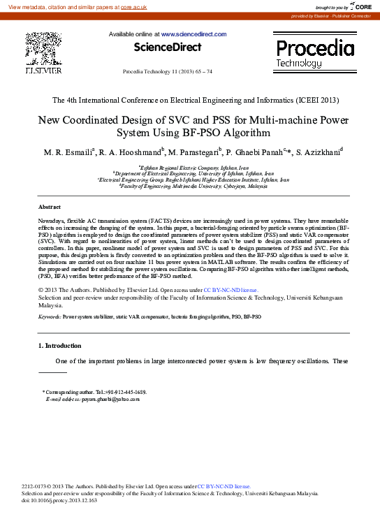 Pdf New Coordinated Design Of Svc And Pss For Multi Machine Power System Using Bf Pso Algorithm