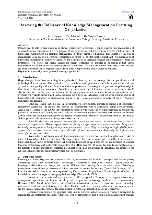 (PDF) Assessing the Influence of Knowledge Management on Learning ...