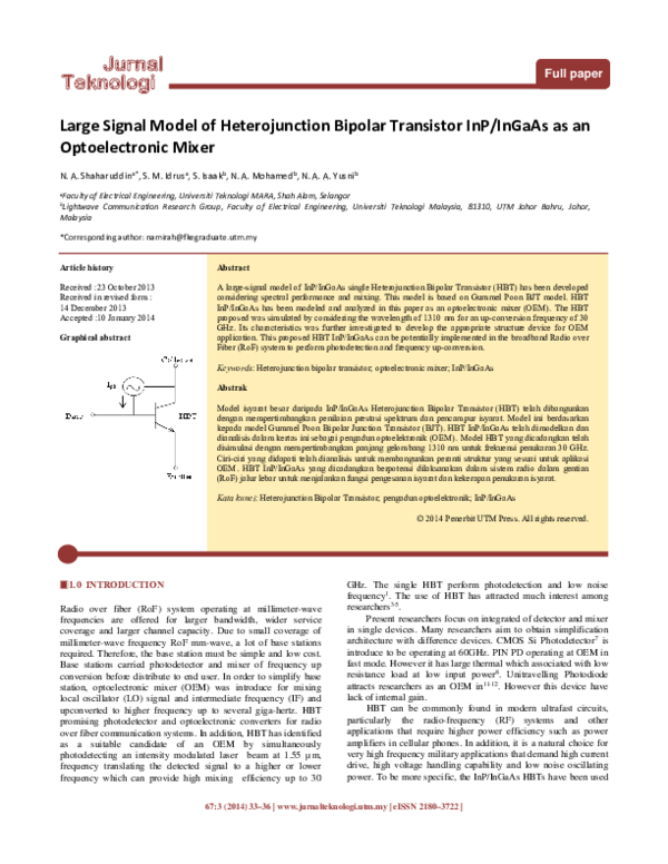 (PDF) Large Signal Model of Heterojunction Bipolar Transistor InP/InGaAs as an Optoelectronic Mixer