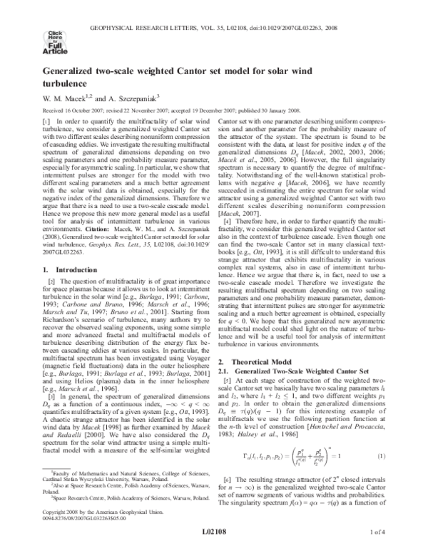 (PDF) Generalized two-scale weighted Cantor set model for solar wind turbulence