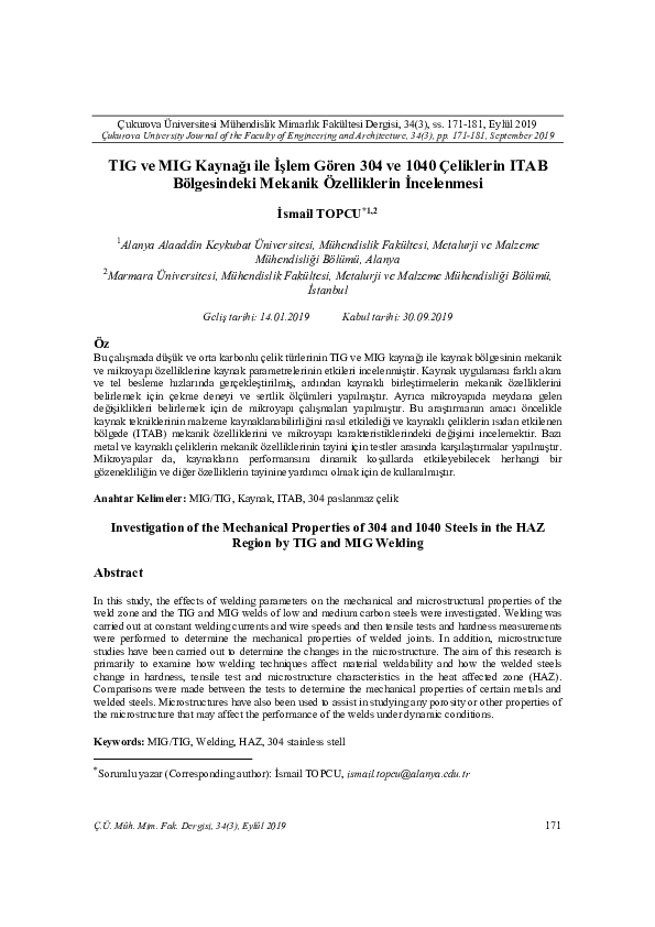 (PDF) TIG ve MIG Kaynağı ile İşlem Gören 304 ve 1040 Çeliklerin ITAB ...