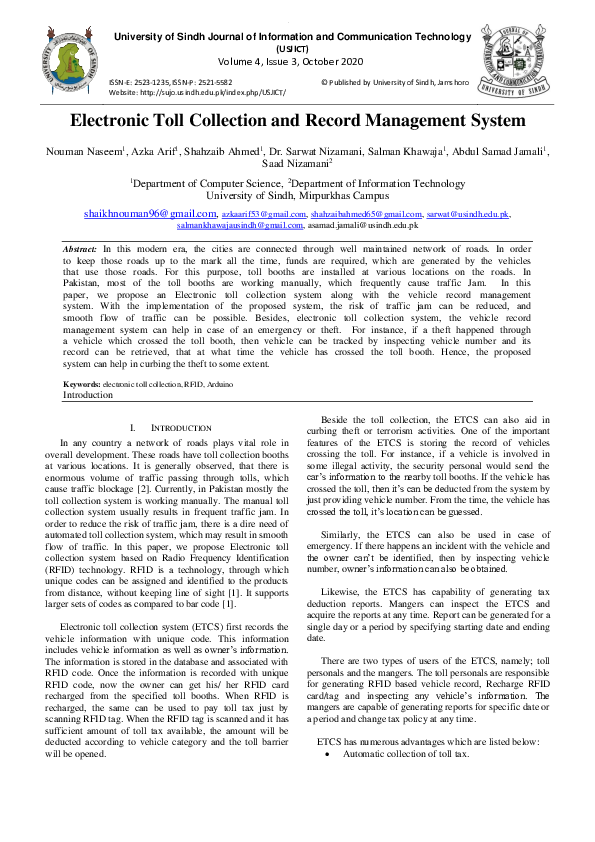 (PDF) Electronic Toll Collection and Record Management System