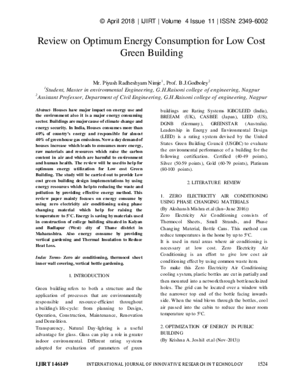 (PDF) Review on Optimum Energy Consumption for Low Cost Green Building