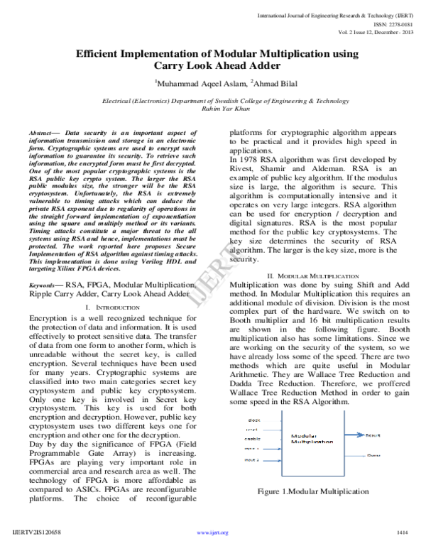 (PDF) Efficient Implementation of Modular Multiplication using Carry Look Ahead Adder