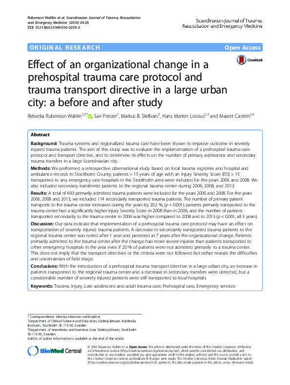 (PDF) Effect of an organizational change in a prehospital trauma care ...