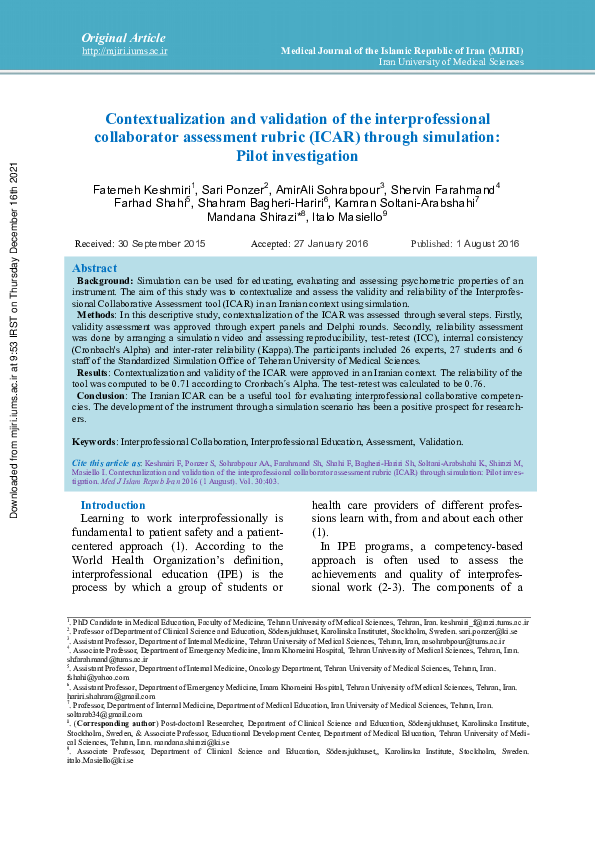 (PDF) Contextualization and validation of the interprofessional collaborator assessment rubric ...