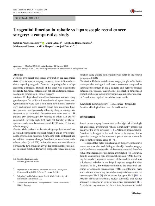 (PDF) Urogenital function in robotic vs laparoscopic rectal cancer surgery: a comparative study