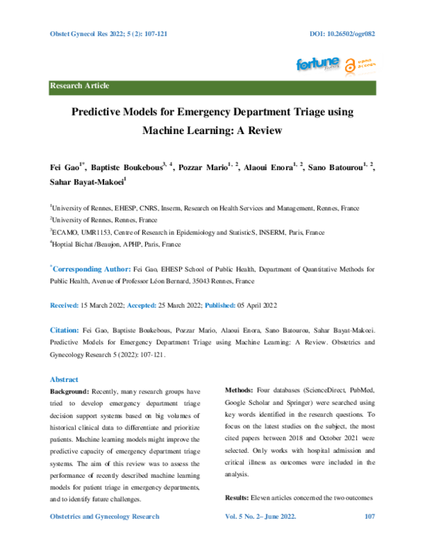 Pdf Predictive Models For Emergency Department Triage Using Machine Learning A Review