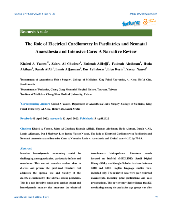 (PDF) The Role of Electrical Cardiometry in Paediatrics and Neonatal ...