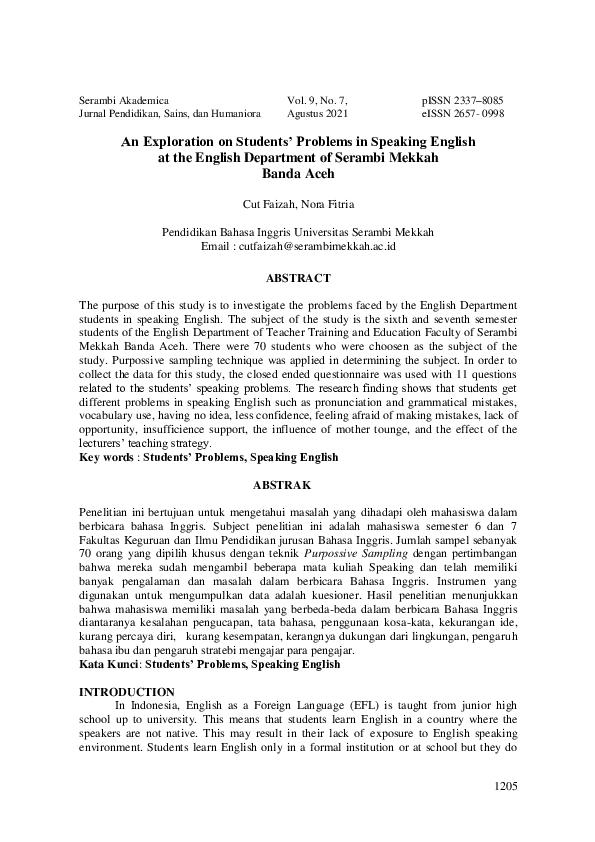 (PDF) English Speaking Problems of EFL Learners of Mulawarman ...