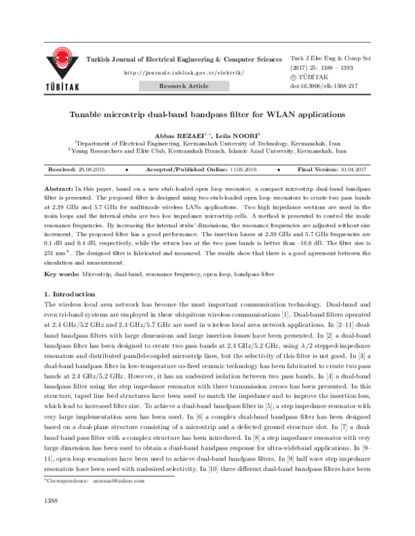 (PDF) Tunable microstrip dual-band bandpass filter for WLAN applications