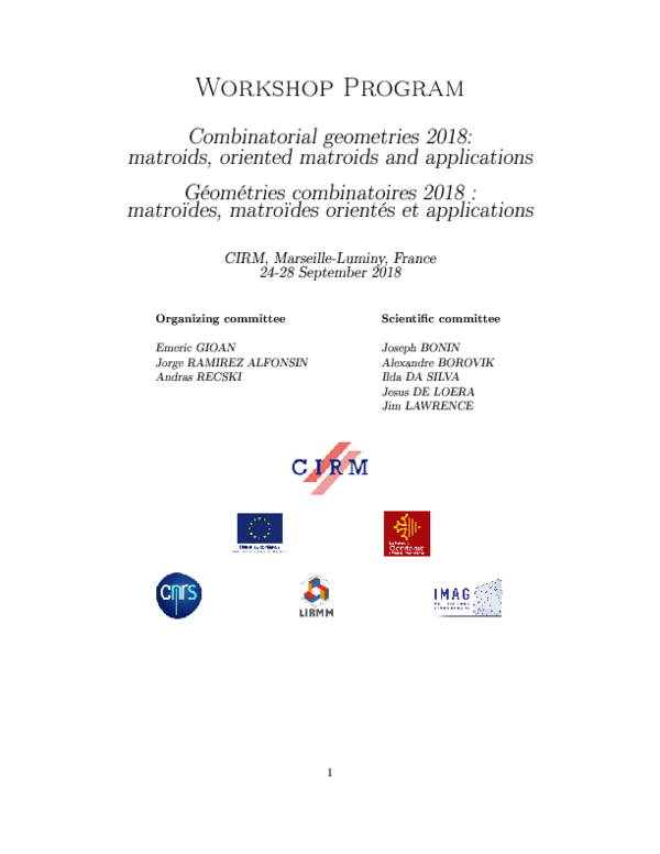 (PDF) Matroids and Applications: 2018 Workshop Highlights