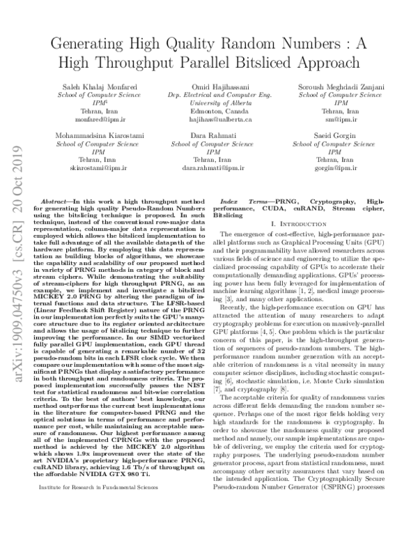 (PDF) Generating High Quality Random Numbers: A High Throughput Parallel Bitsliced Approach