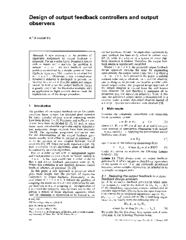 Pdf Design Of Output Feedback Controllers And Output Observers
