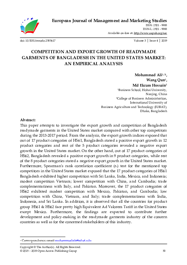 (PDF) Export Performance of Readymade Garments Sector of Bangladesh: An ...