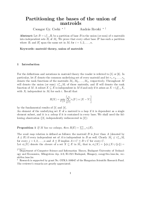 (PDF) Partitioning the bases of the union of matroids