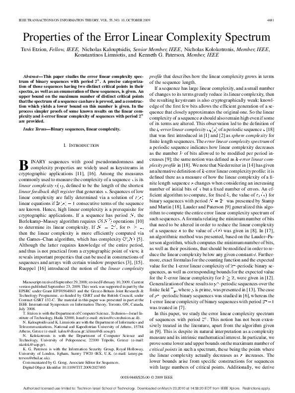 (PDF) Properties of the Error Linear Complexity Spectrum