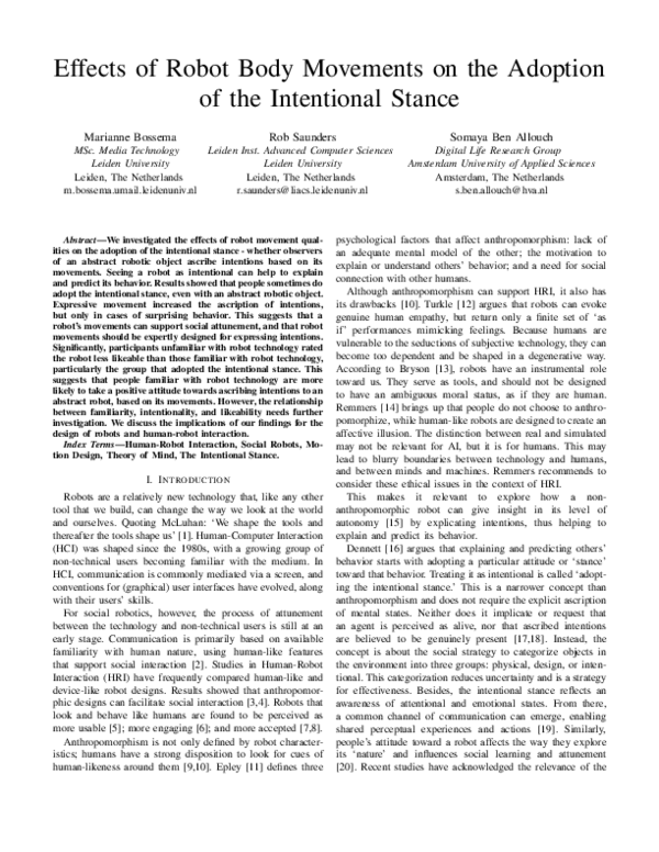 Effects of Robot Body Movements on the Adoption of the Intentional Stance