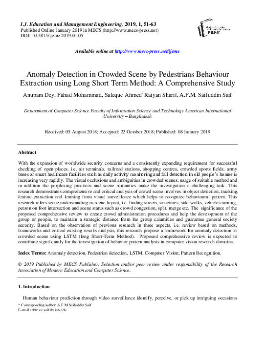 (PDF) Anomaly Detection in Crowded Scene by Pedestrians Behaviour Extraction using Long Short ...
