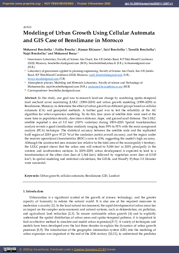 Pdf Modeling Of Urban Growth Using Cellular Automata And Gis Case Of Benslimane In Morocco