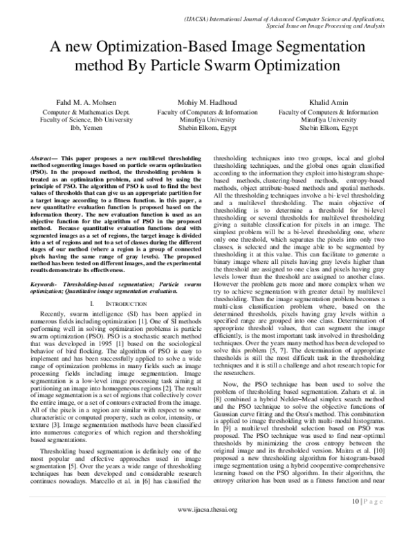 Pdf A New Optimization Based Image Segmentation Method By Particle Swarm Optimization