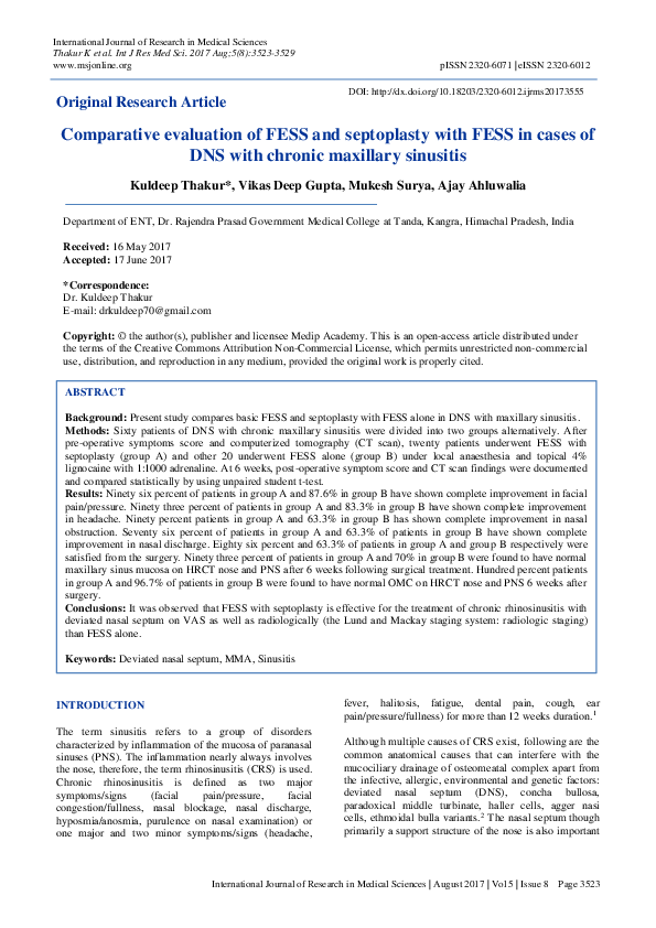 (PDF) Comparative evaluation of FESS and septoplasty with FESS in cases ...