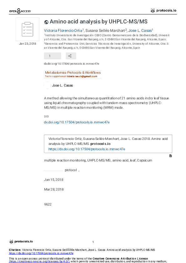 (PDF) Amino acid analysis by UHPLC-MS/MS v1 (protocols.io.mmwc47e)