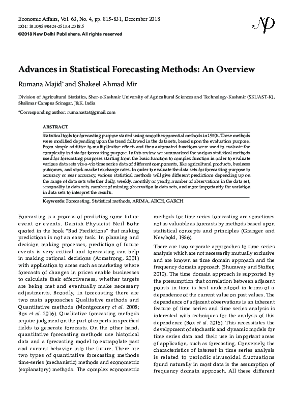 (PDF) Advances in Statistical Forecasting Methods: An Overview (PDF) Advances in Statistical Forecasting Methods: An Overview