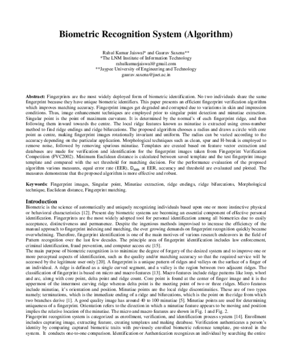 Pdf Biometric Recognition System Algorithm Gaurav Saxena
