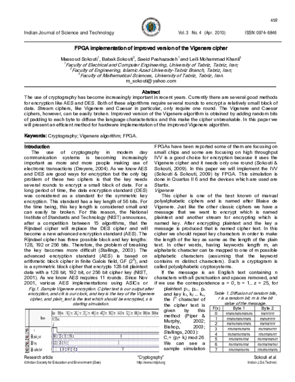 Pdf Fpga Implementation Of Improved Version Of The Vigenere Cipher