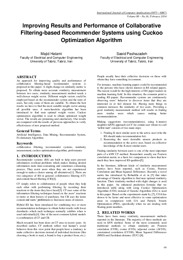 (PDF) Cuckoo Optimization for Recommender Systems