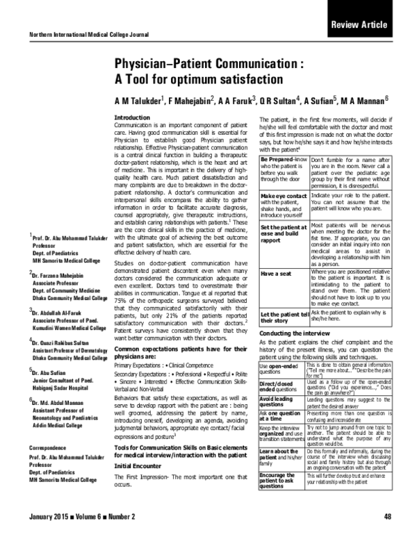 (PDF) Physician–patient communication : a tool for optimum satisfaction