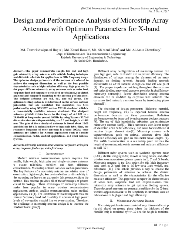 Pdf Design And Performance Analysis Of Microstrip Array Antennas With Optimum Parameters For X