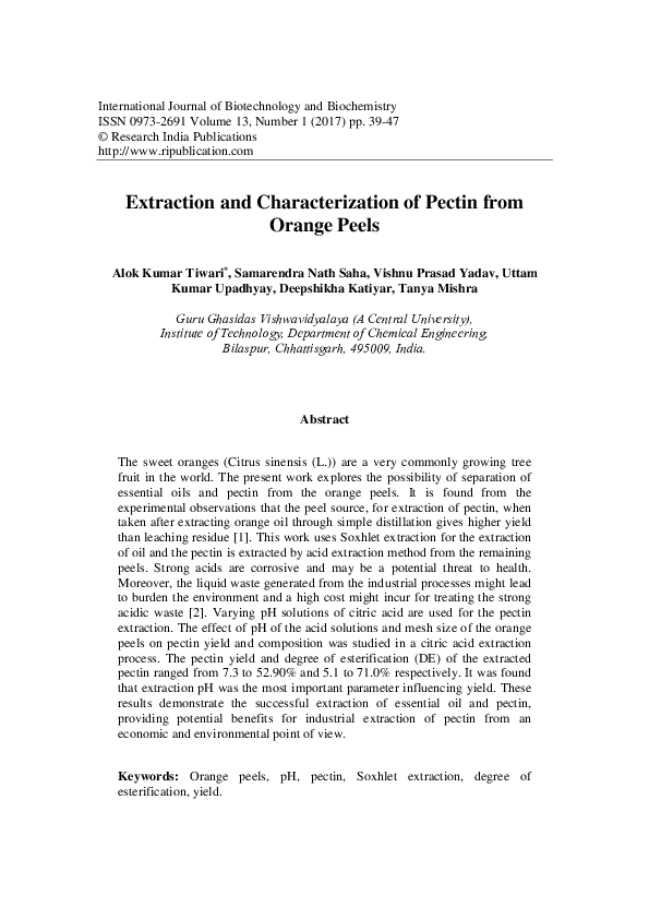 (PDF) Extraction and Characterization of Pectin from Orange Peels