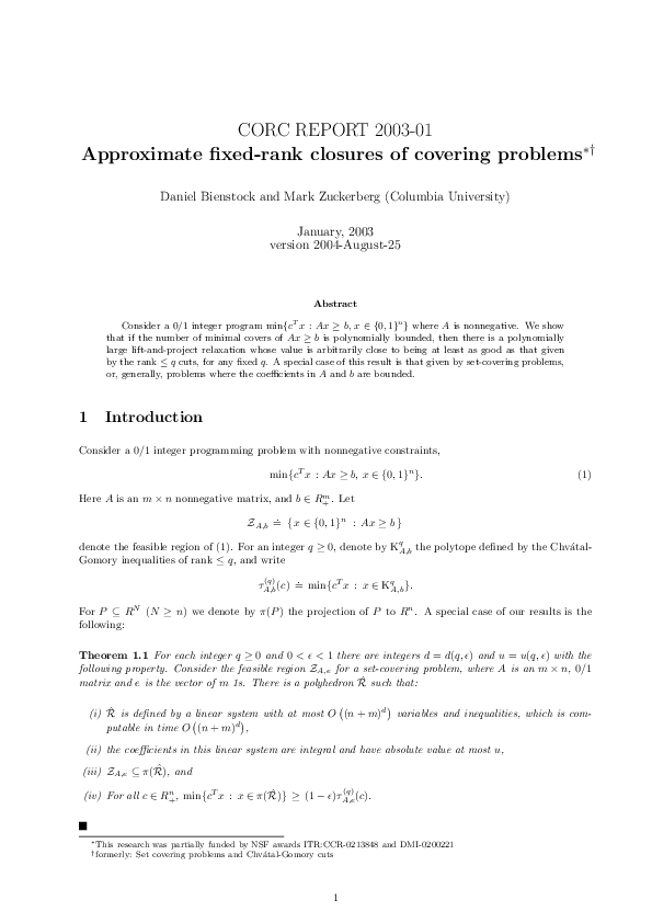 (PDF) CORC REPORT 2003-01 Set covering problems and Chvátal-Gomory cuts∗