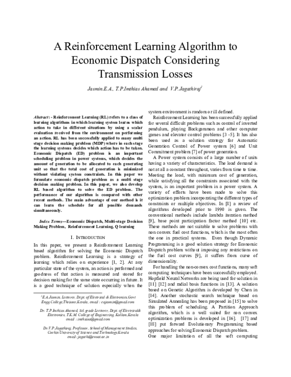 Pdf A Reinforcement Learning Algorithm To Economic Dispatch